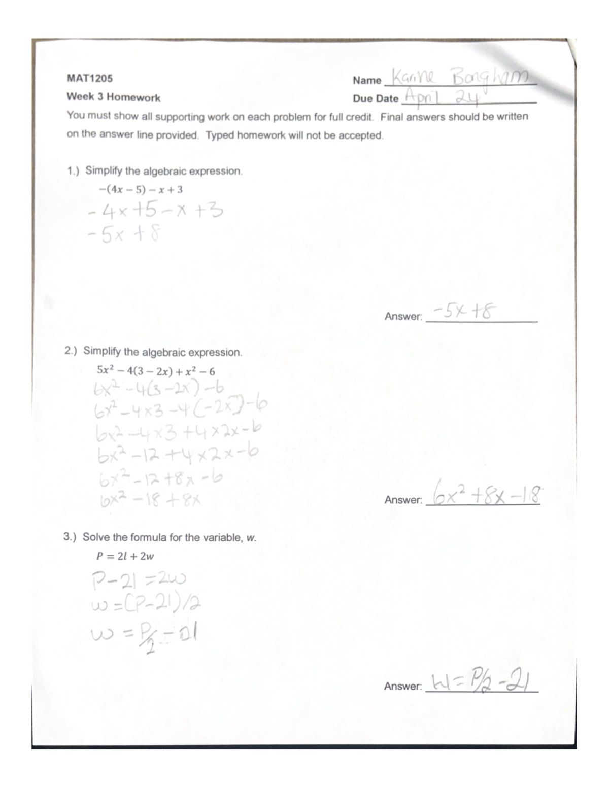 Math week 3 Assignment - math problems with answers - MAT 1205 ...