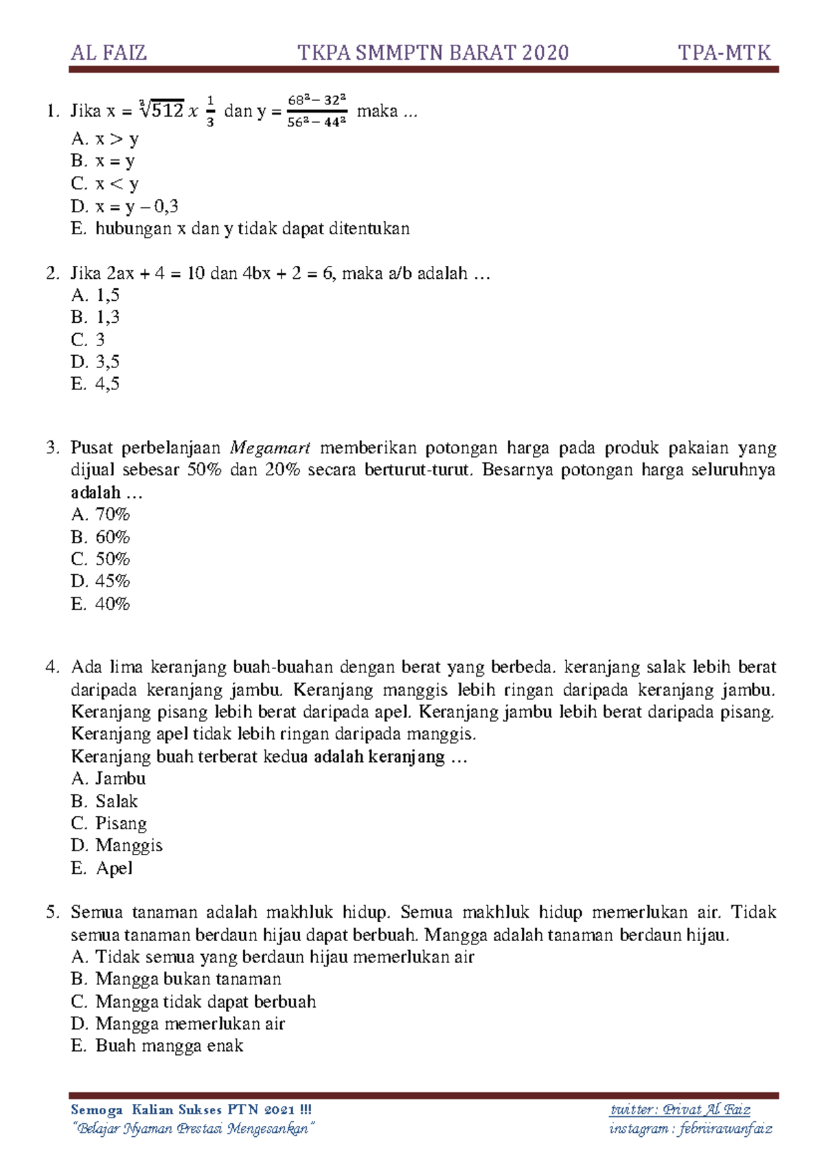 SOAL%20TKPA%20 Smmptn%20 Barat%202020 - AL FAIZ TKPA SMMPTN BARAT 2020 TPA-MTK Semoga Kalian ...