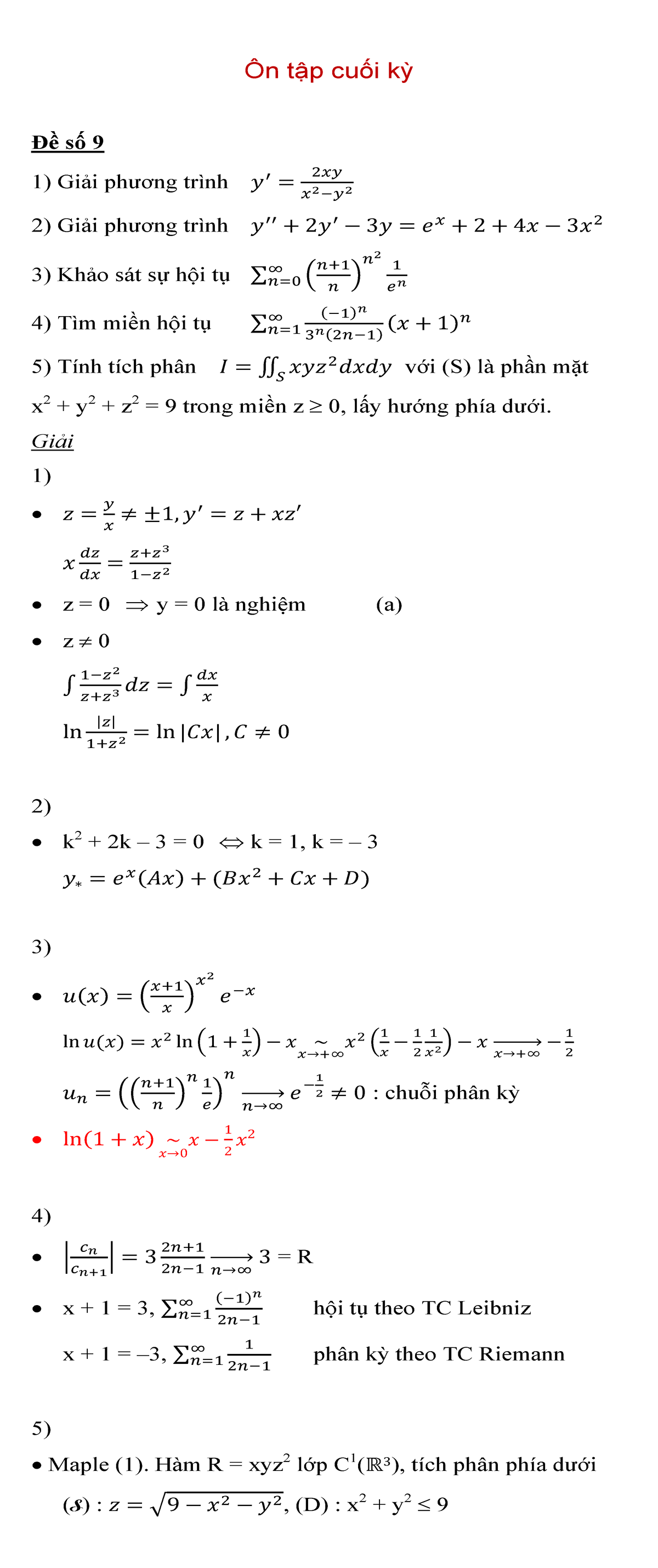 On tap CK GT2 - aaaaaaaaaaaaaaaaaa - Ôn tập cuối kỳ Đề số 9 1) Giải phương trình = 2) Giải ...