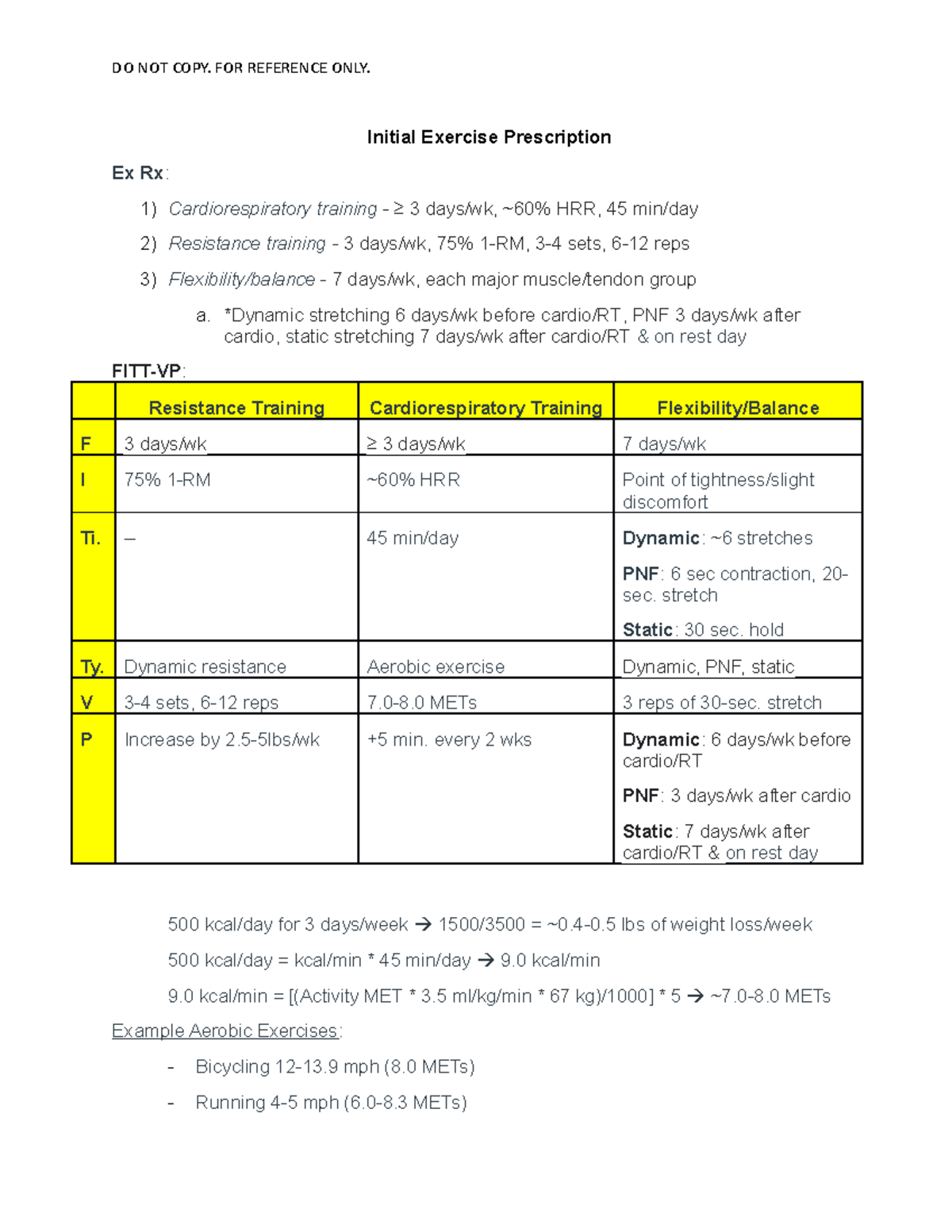 Final Exercise Prescription Project Example - Initial Exercise ...