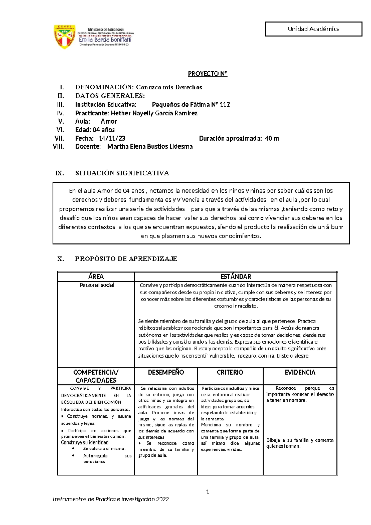 5. Planificación DE derechos y proyecto - PROYECTO N° I. DENOMINACIÓN: Conozco mis Derechos II ...