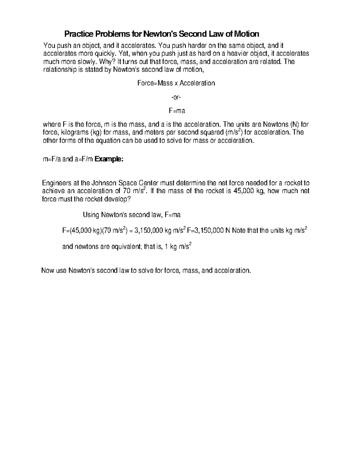 Newtons 2nd law sheet 1 - Supplementary material only - Practice ...