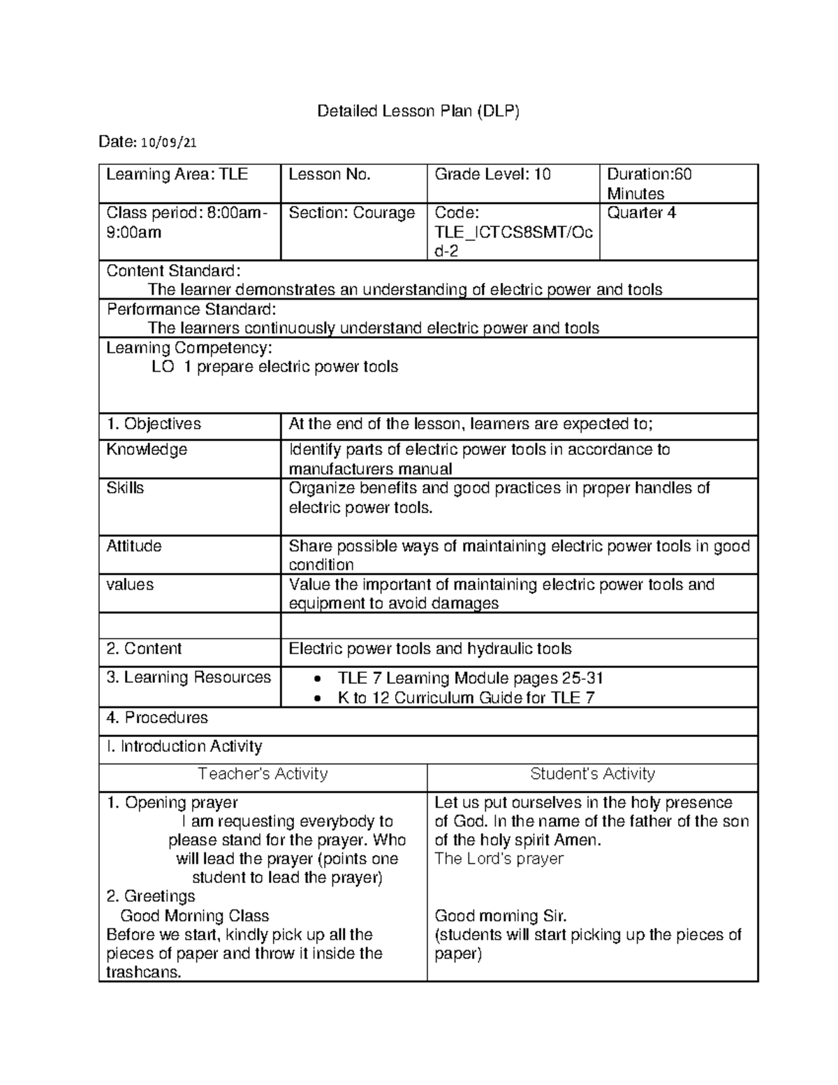 Detailed lesson plan Louie - Detailed Lesson Plan (DLP) Date: 10/09 ...