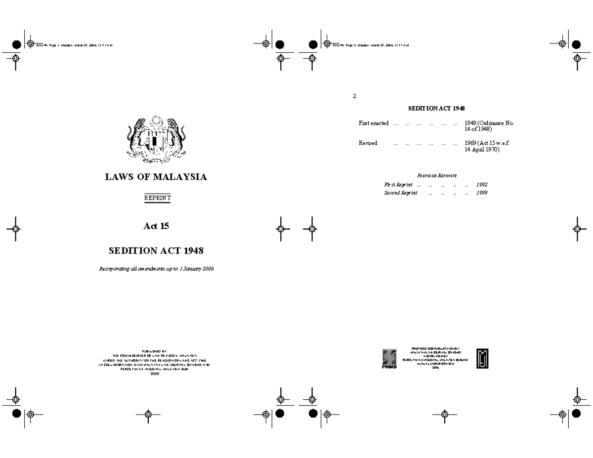 Act 15 sedition act - act - LAWS OF MALAYSIA REPRINT PUBLISHED BY THE ...