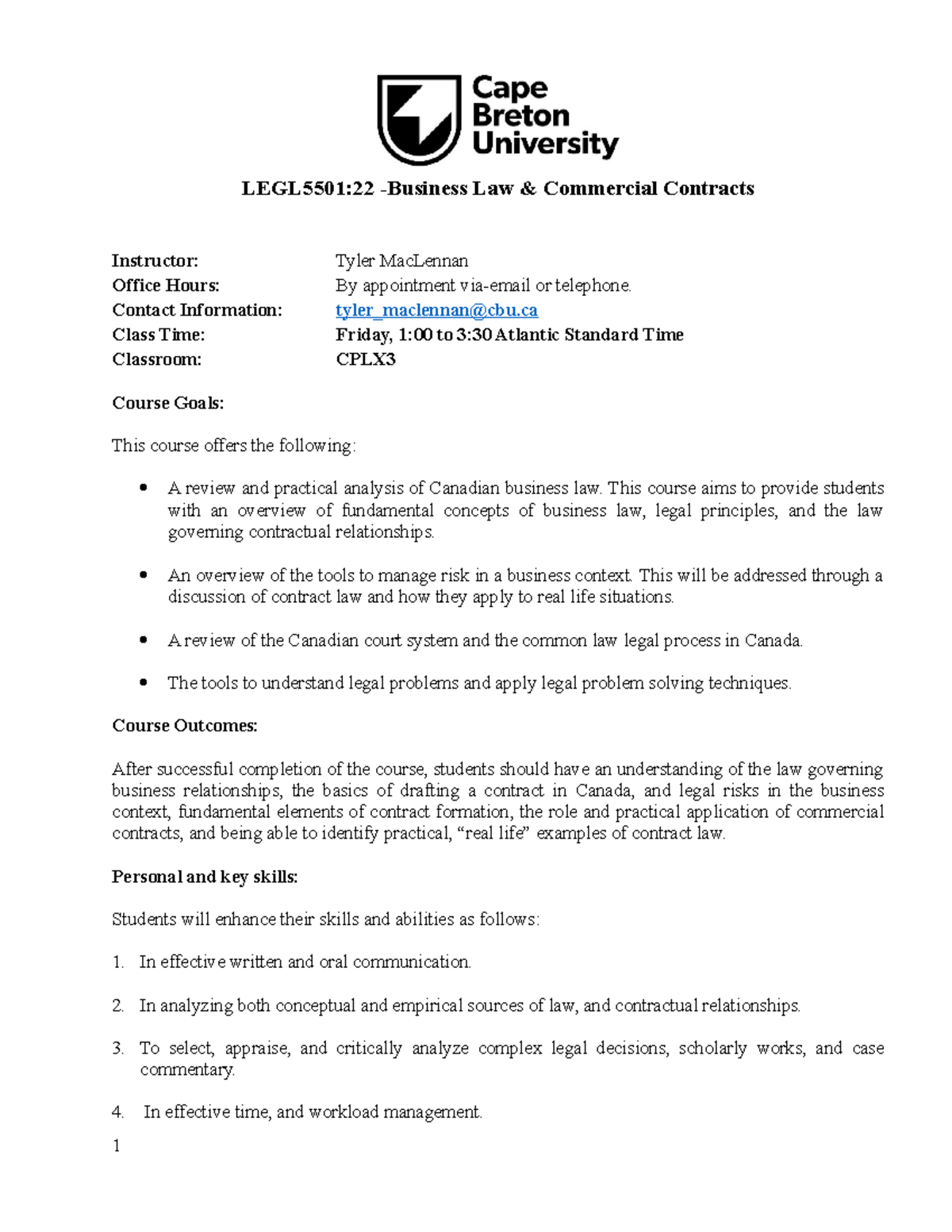 Course Outline - LEGL 5501-22 - Updated - LEGL5501:22 -Business Law ...