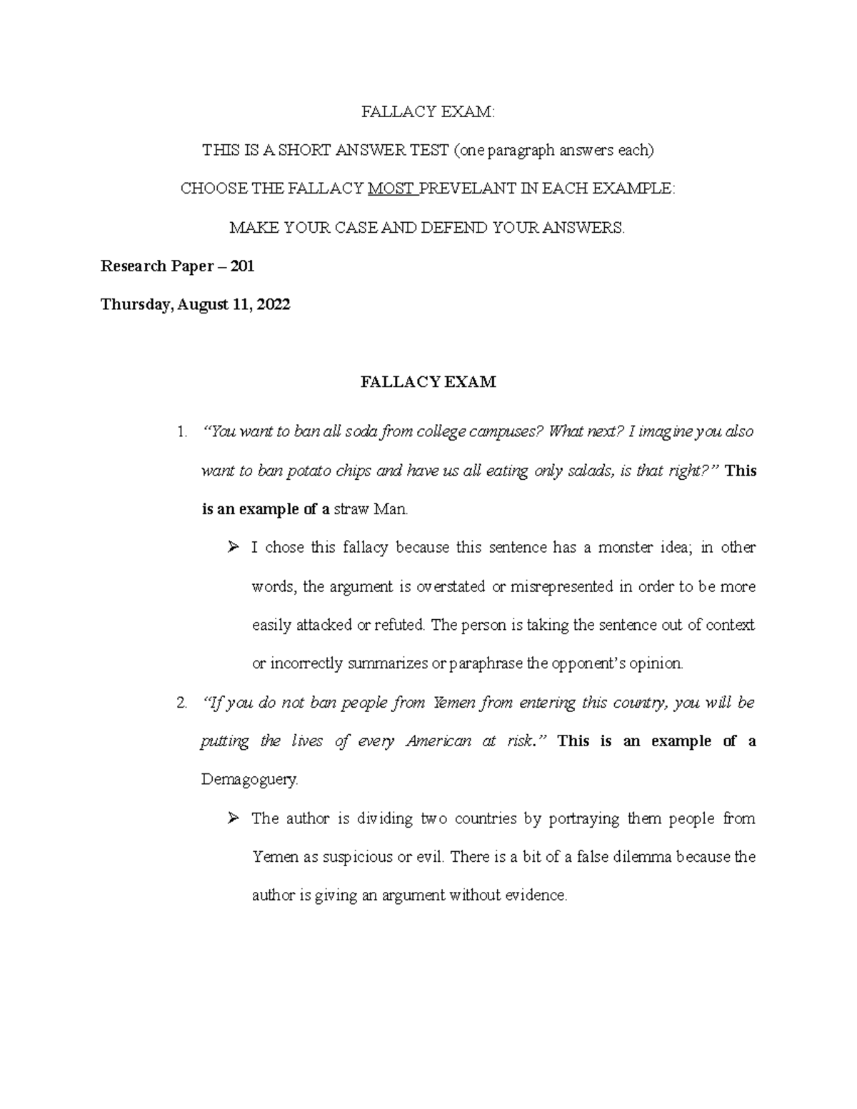 English 201 Fallacy Exam FALLACY EXAM THIS IS A SHORT ANSWER TEST
