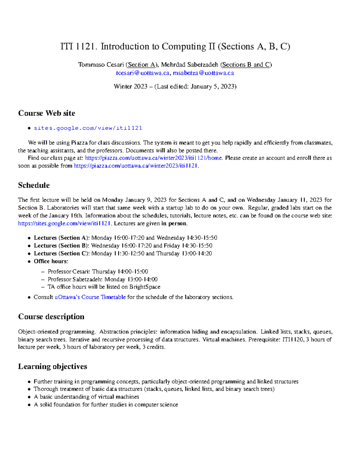 Syllabus 2023 - ITI 1121. Introduction to Computing II (Sections A, B ...