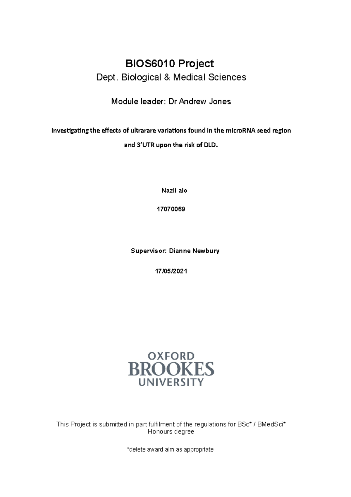 Dissertation final - BIOS6010 Project Dept. Biological & Medical ...