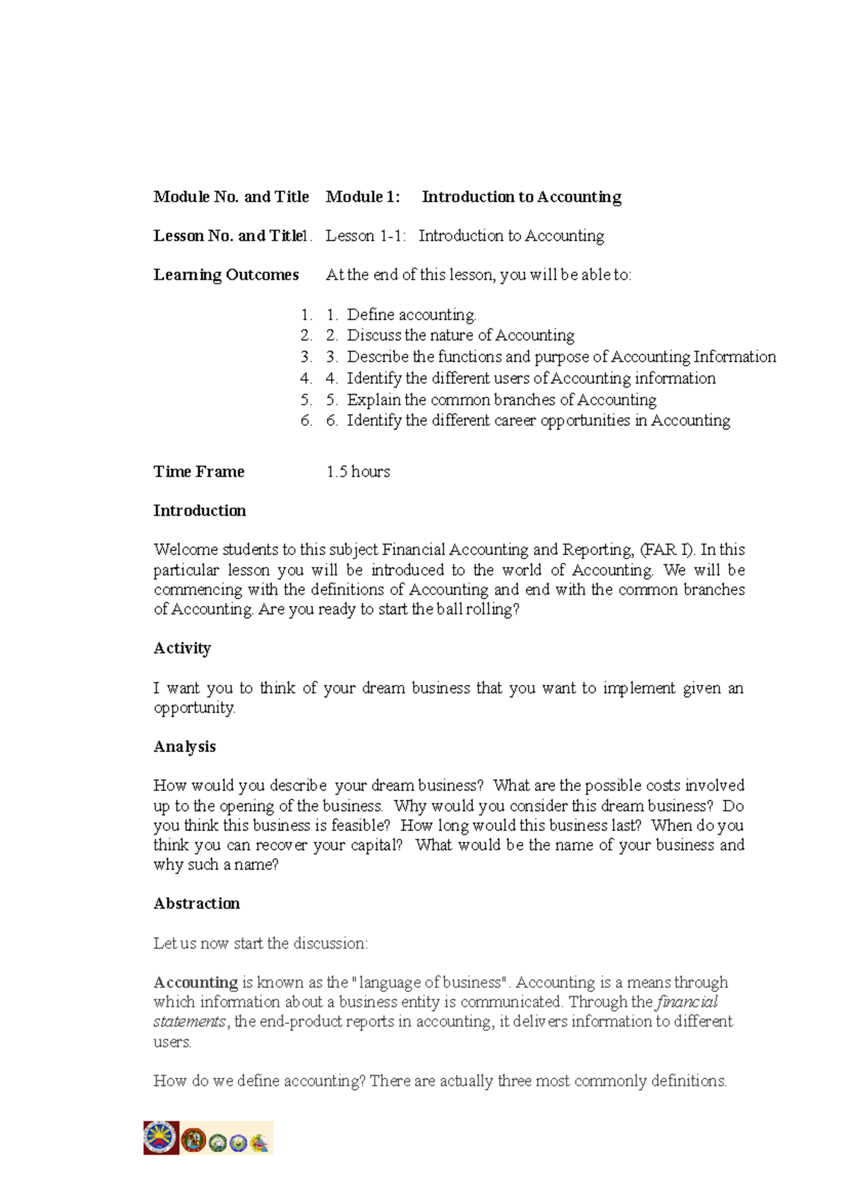 Introduction to Accounting - Module No. and Title Module 1 ...