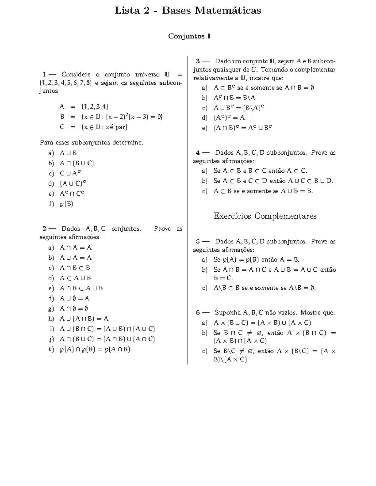 Lista 02 - Bases Matemáticas - Lista 2 - Bases Matem´ aticas Conjuntos ...