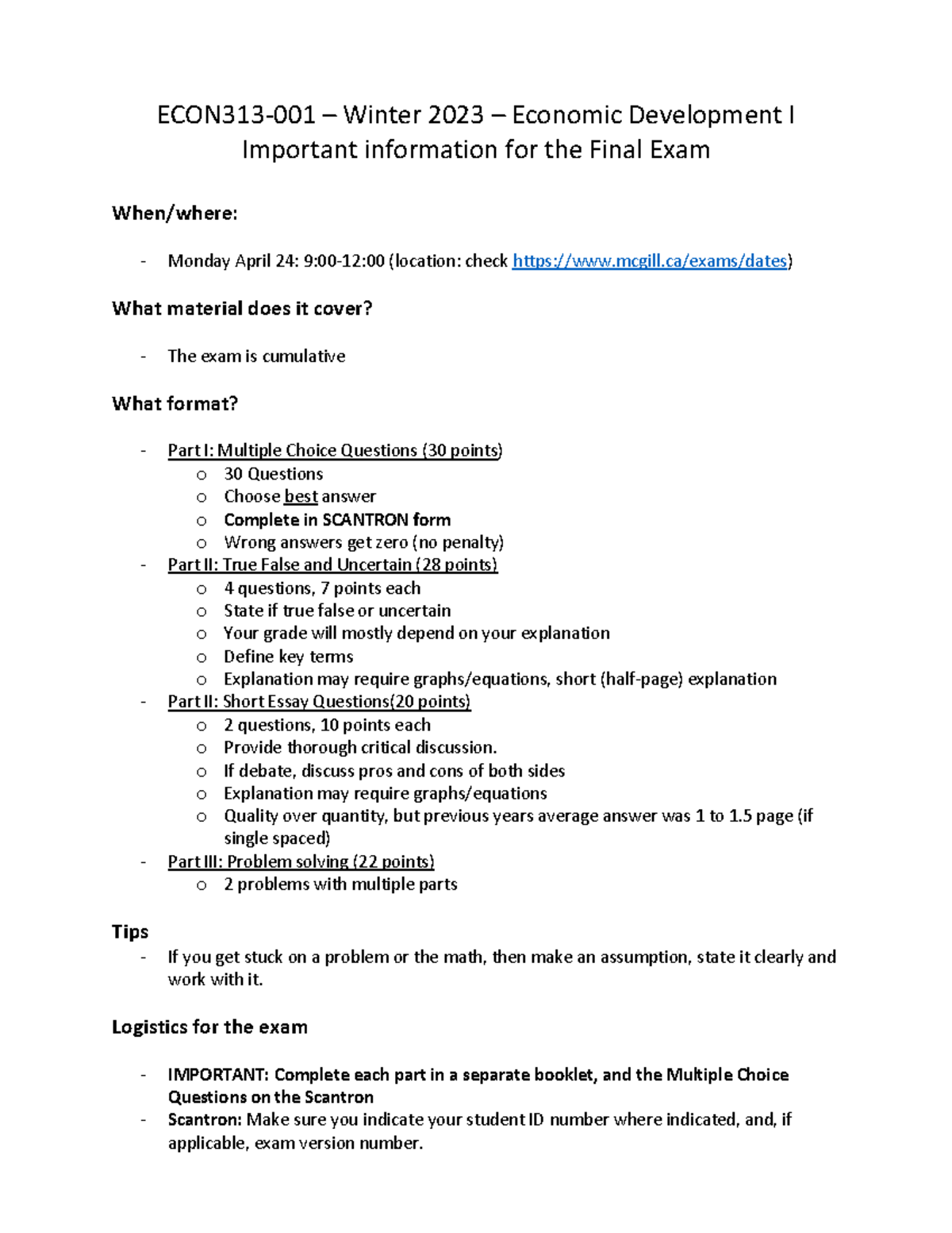 ECON-313 - Winter 2023 - Information For Final Exam (1) - ECON313-001 – Winter 2023 – Economic ...