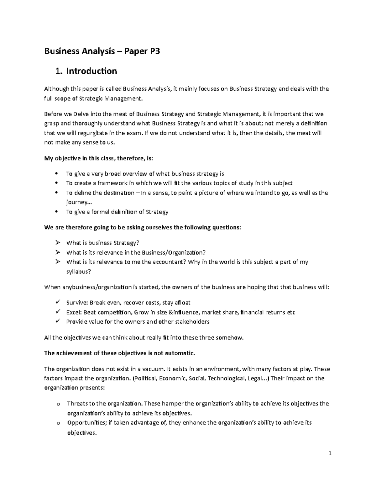 My Notes- P3 - P3 lectures - Business Analysis – Paper P 1 ...