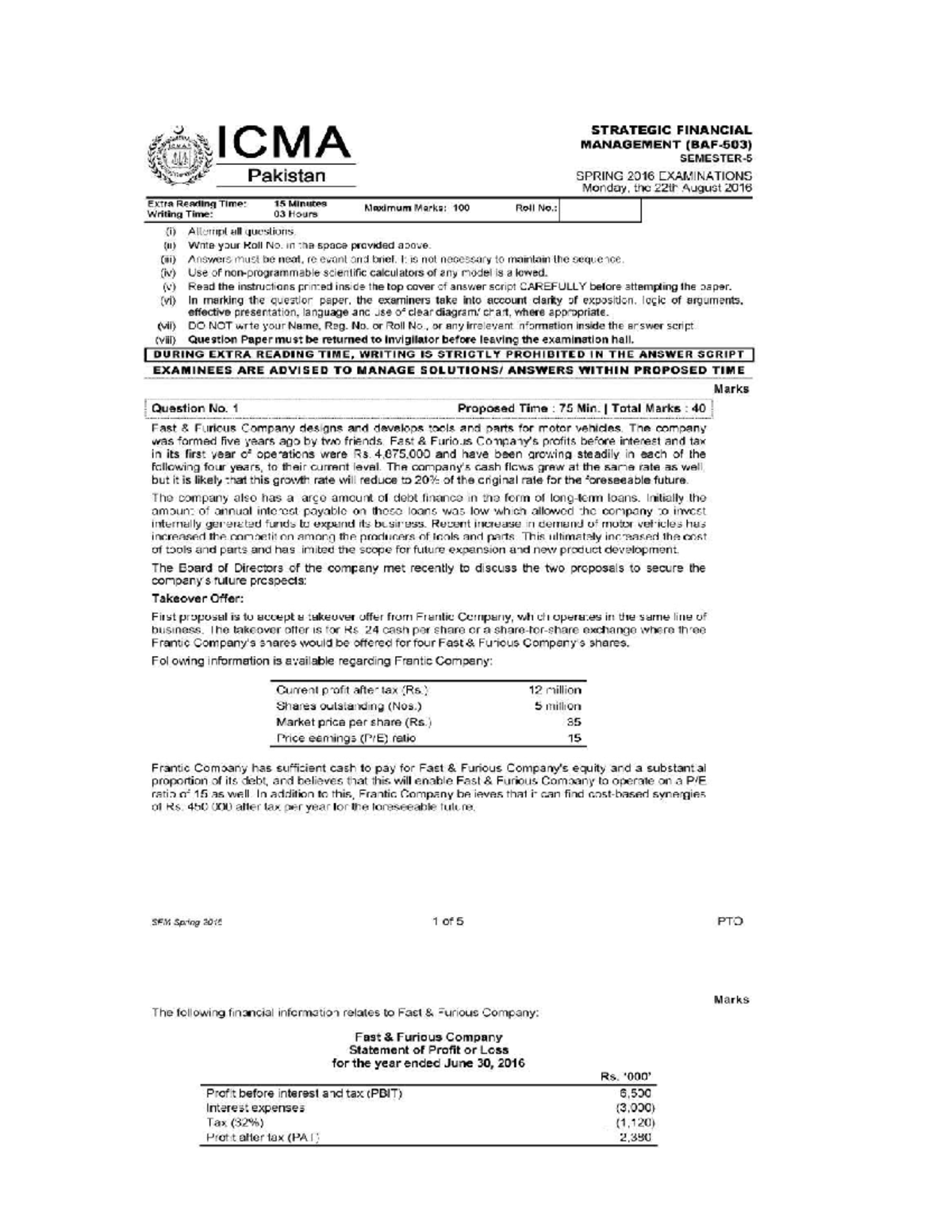 Aug 2016 - SFM Aug 2016 Past Paper - ICMA STRATEGIC FINANCIAL MANAGEMENT Pakistan SPRING 2016 ...