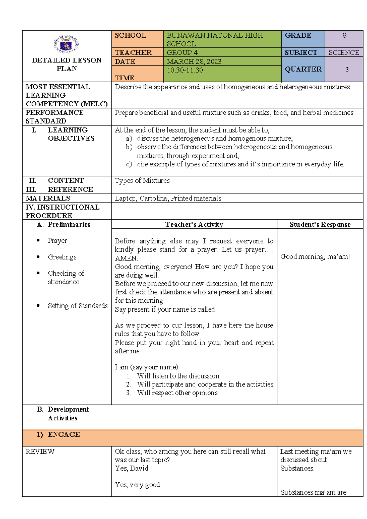 Demo-Prof Ed 108 - none - DETAILED LESSON PLAN SCHOOL BUNAWAN NATONAL ...