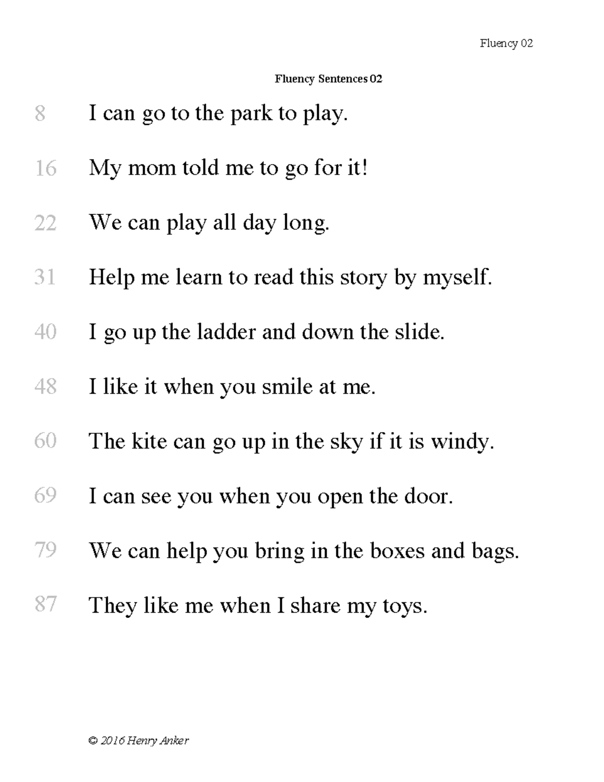 02 Reading Sentences 2 - Home Economics - Fluency 0 2 © 2016 Henry ...