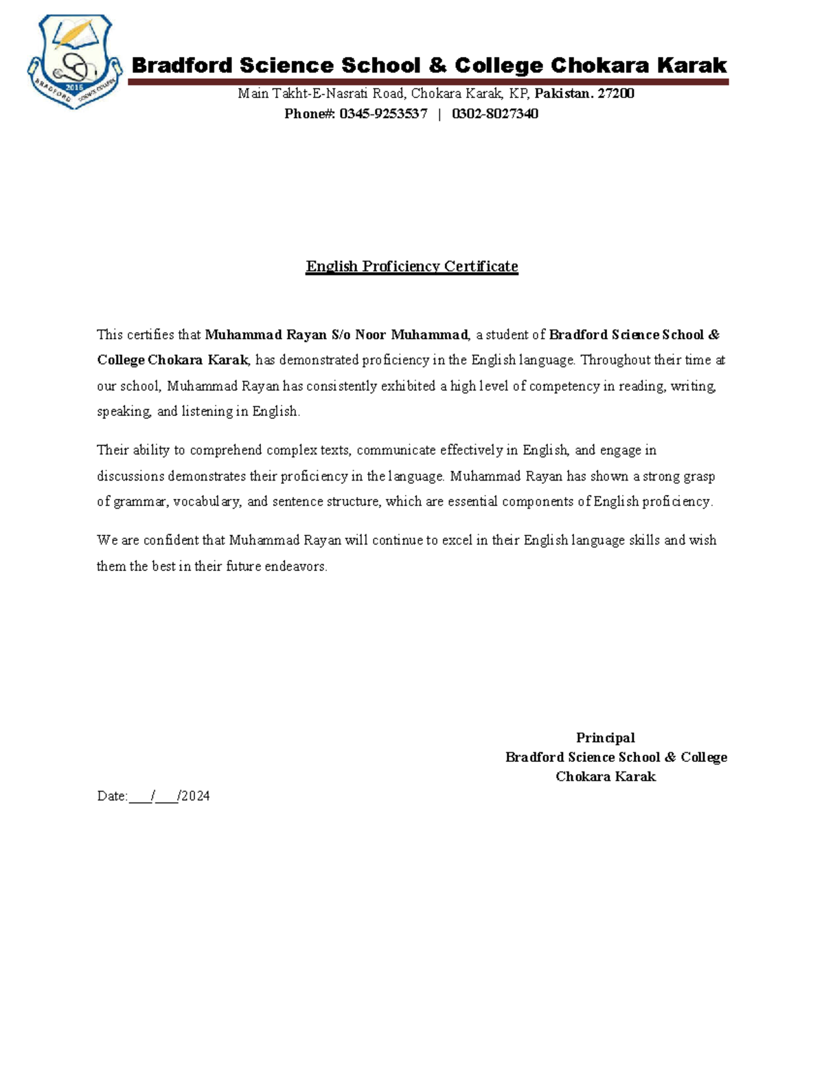 Aryan English Prociency Certificate - Bradford Science School & College ...