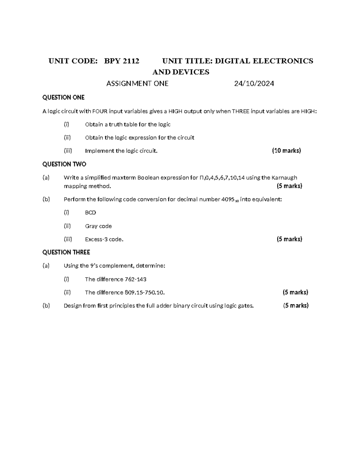 BEG 2112 Digital Electronics 2024 Paper CAT 1 - UNIT CODE: BPY 2112 ...