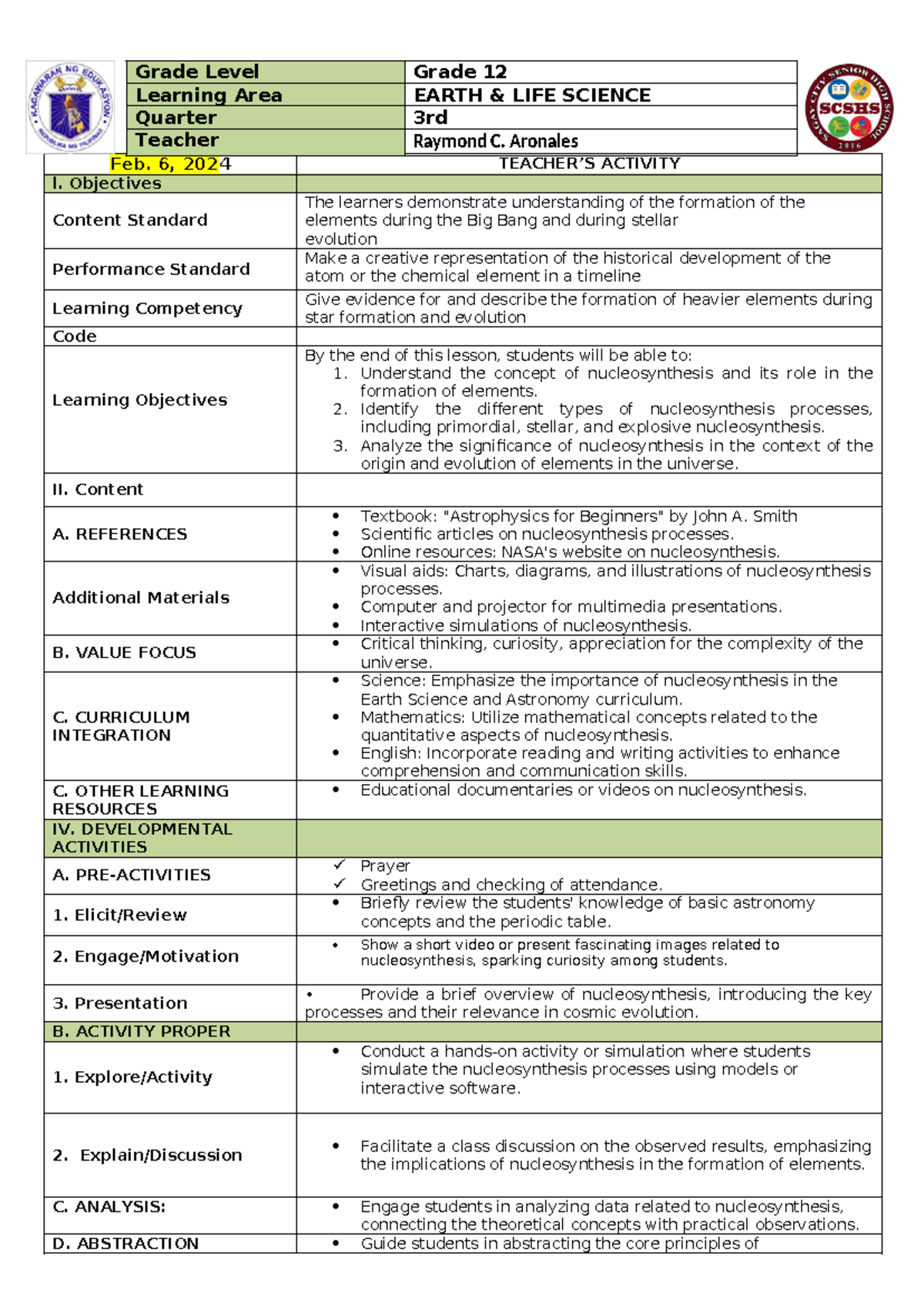 LP PS-week-1 - Week 1 Lesson plan - Feb. 6, 202 4 TEACHER’S ACTIVITY l ...