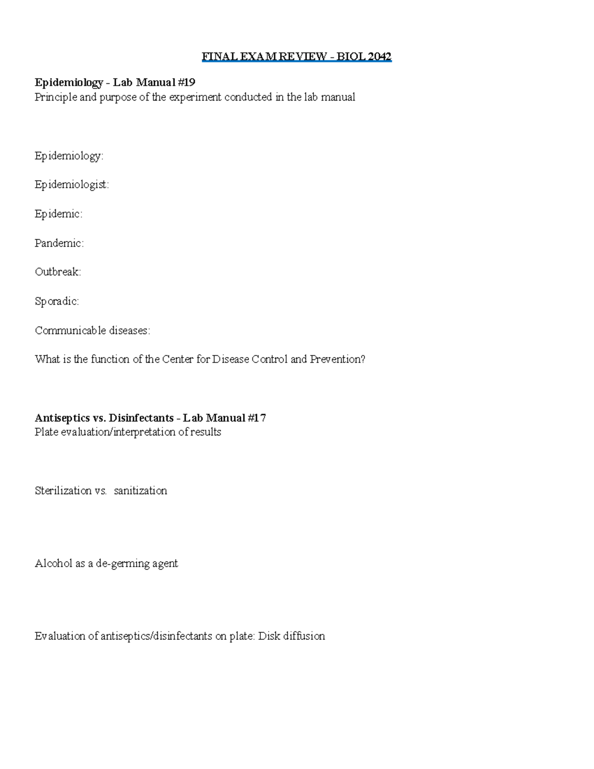 Lab Final Review elementary biochem - FINAL EXAM REVIEW - BIOL 2042 ...
