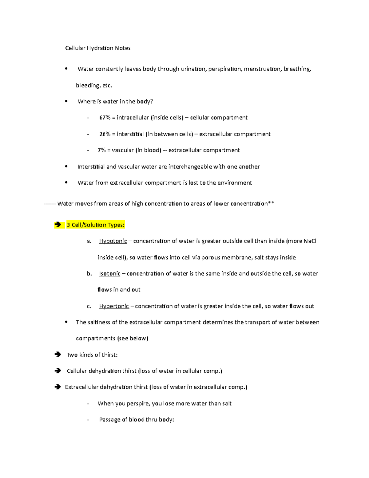 Cellular Hydration Notes - Where is water in the body? - 67% ...