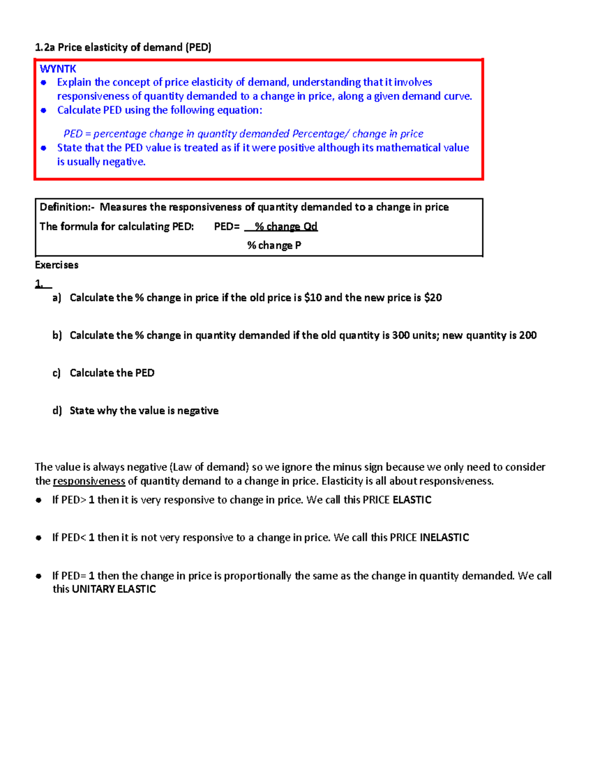 1.2a Price elasticity of demand (PED) - 1 Price elasticity of demand ...