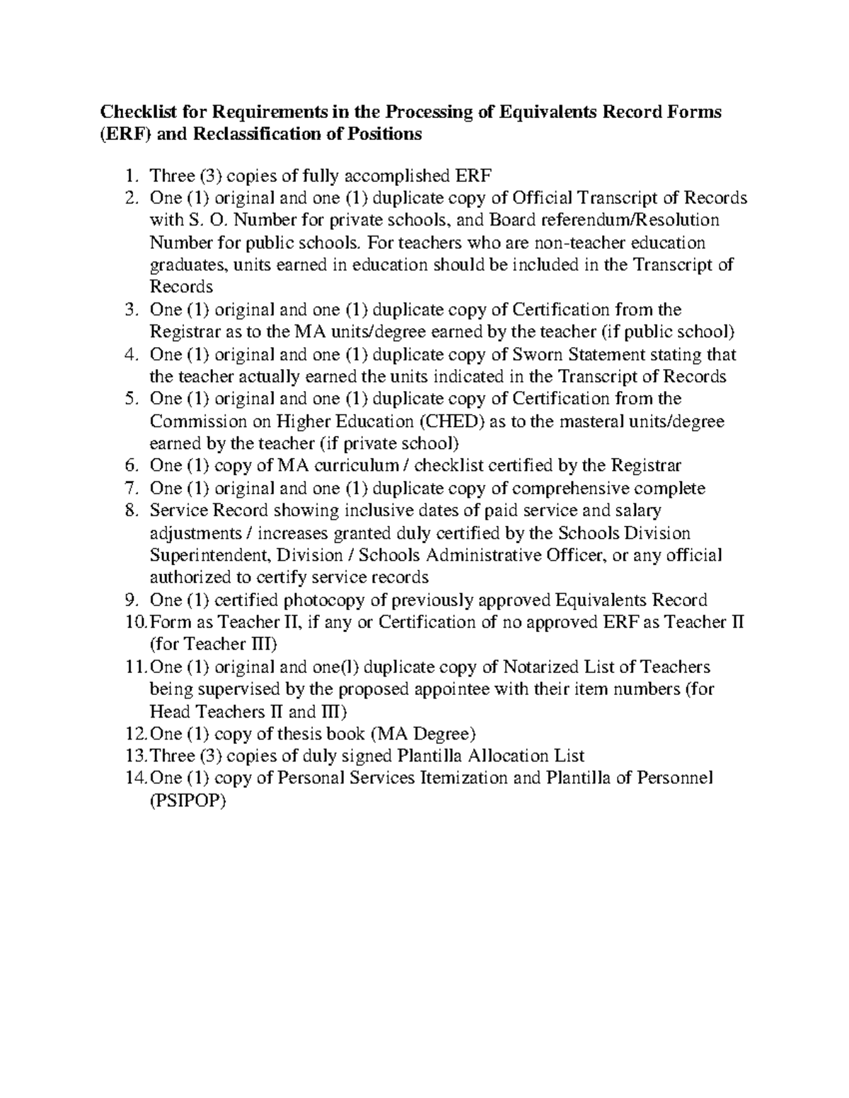 Checklist for Requirements in the Processing of Equivalents Record ...