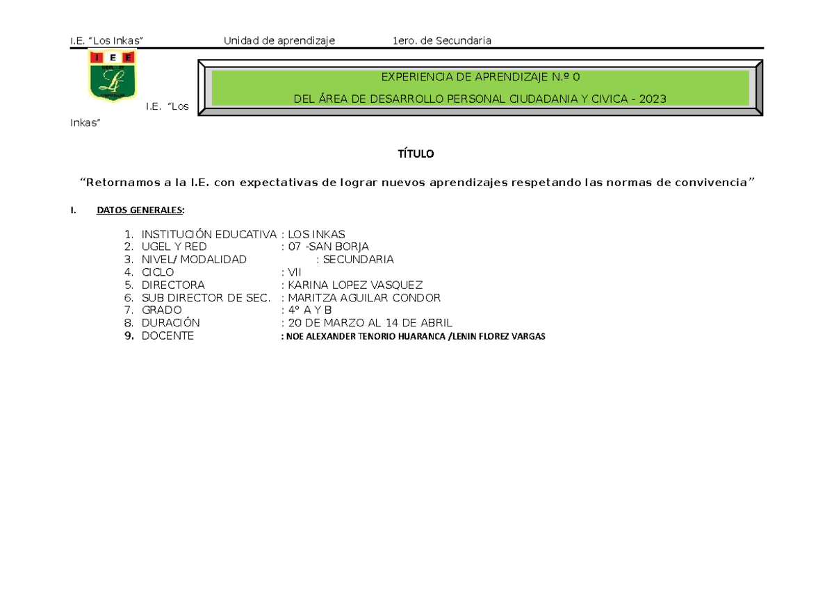 EDA 4DPCC NOE Lenin - deeeeeeeeeeee - I. “Los Inkas” TÍTULO “Retornamos ...