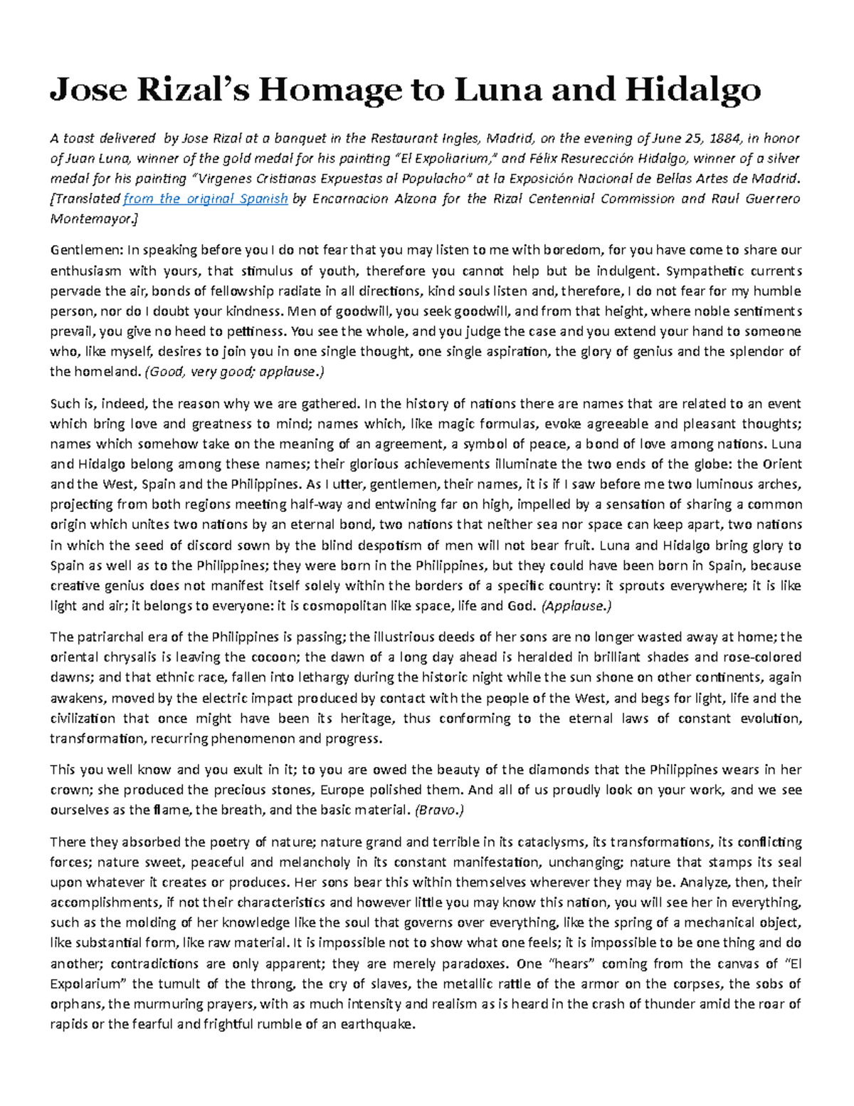 Rizals Speech for Luna and Hidalgo - Jose Rizal’s Homage to Luna and ...