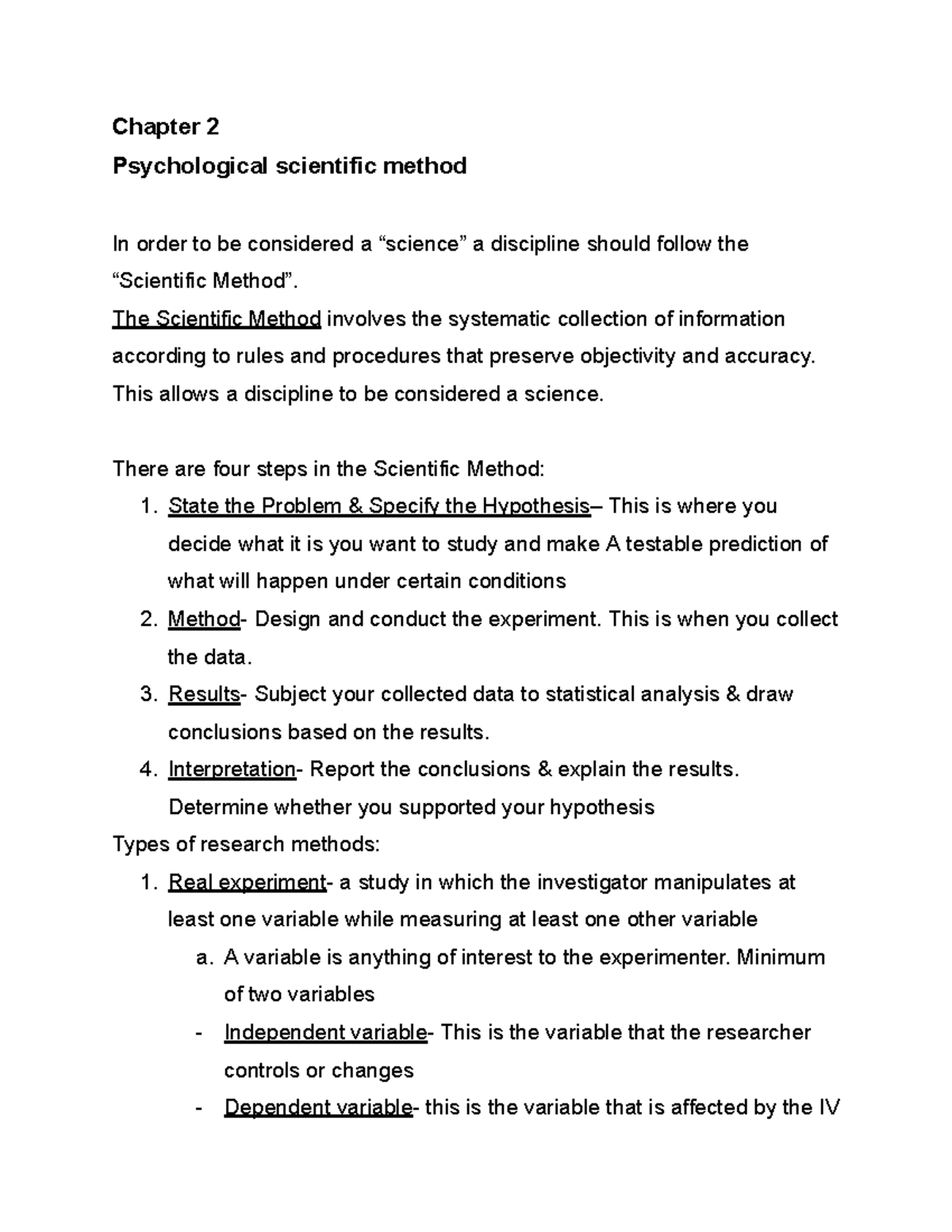 Psych Notes Chapter 2 - Chapter 2 Psychological scientific method In ...