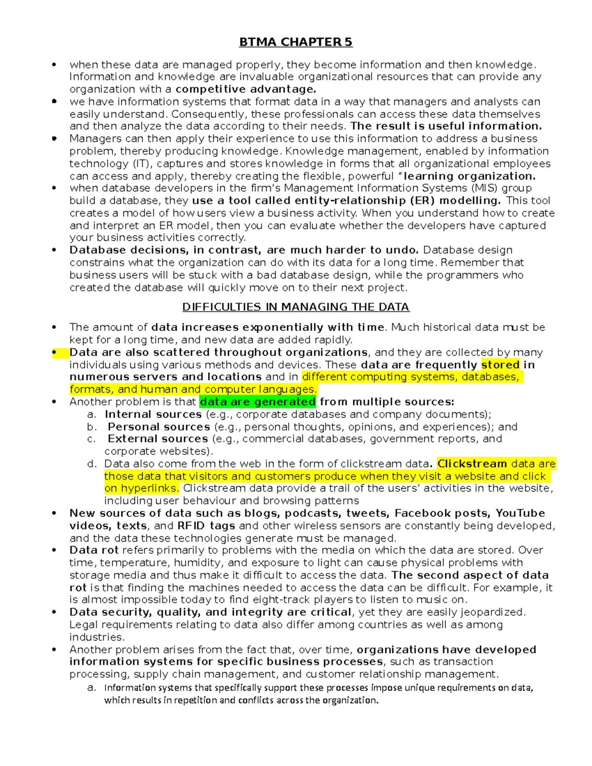 BTMA notes midterm - BTMA CHAPTER 5 when these data are managed ...