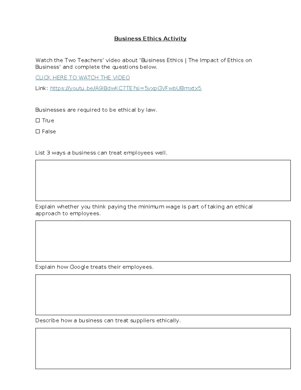 Business Ethics Activity - Business Ethics Activity Watch the Two ...
