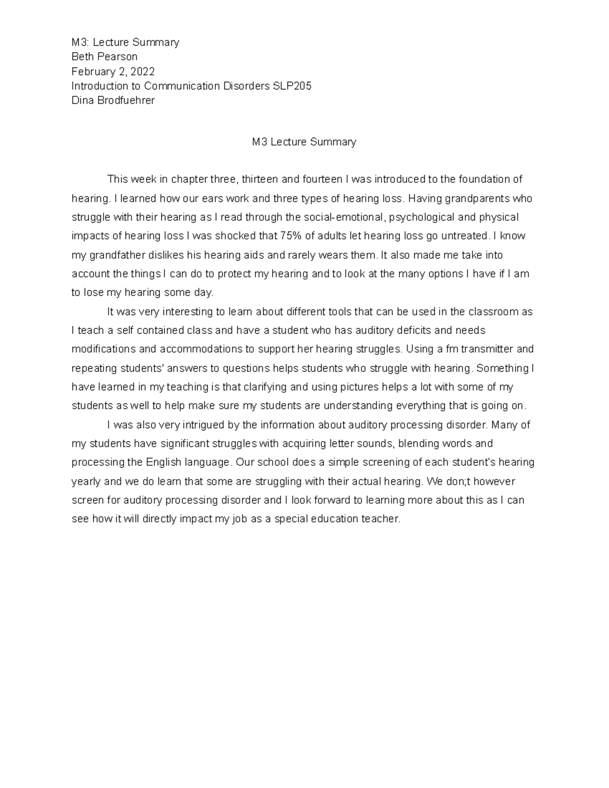 205 M3 Lecture Summary - Course work from module 3. Assignment for week ...