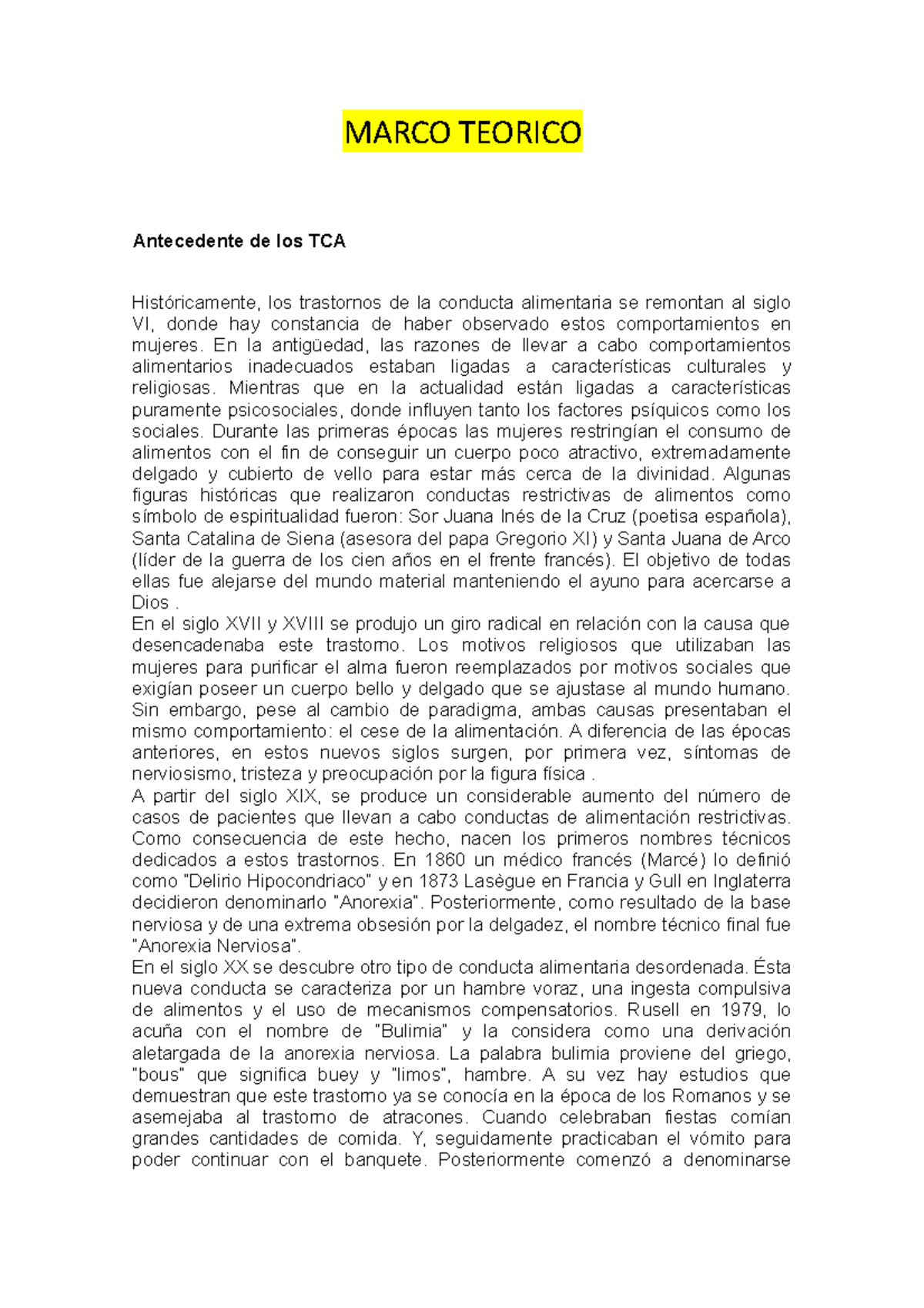 Marco Teorico Final 1 - aasd - MARCO TEORICO Antecedente de los TCA Históricamente, los ...