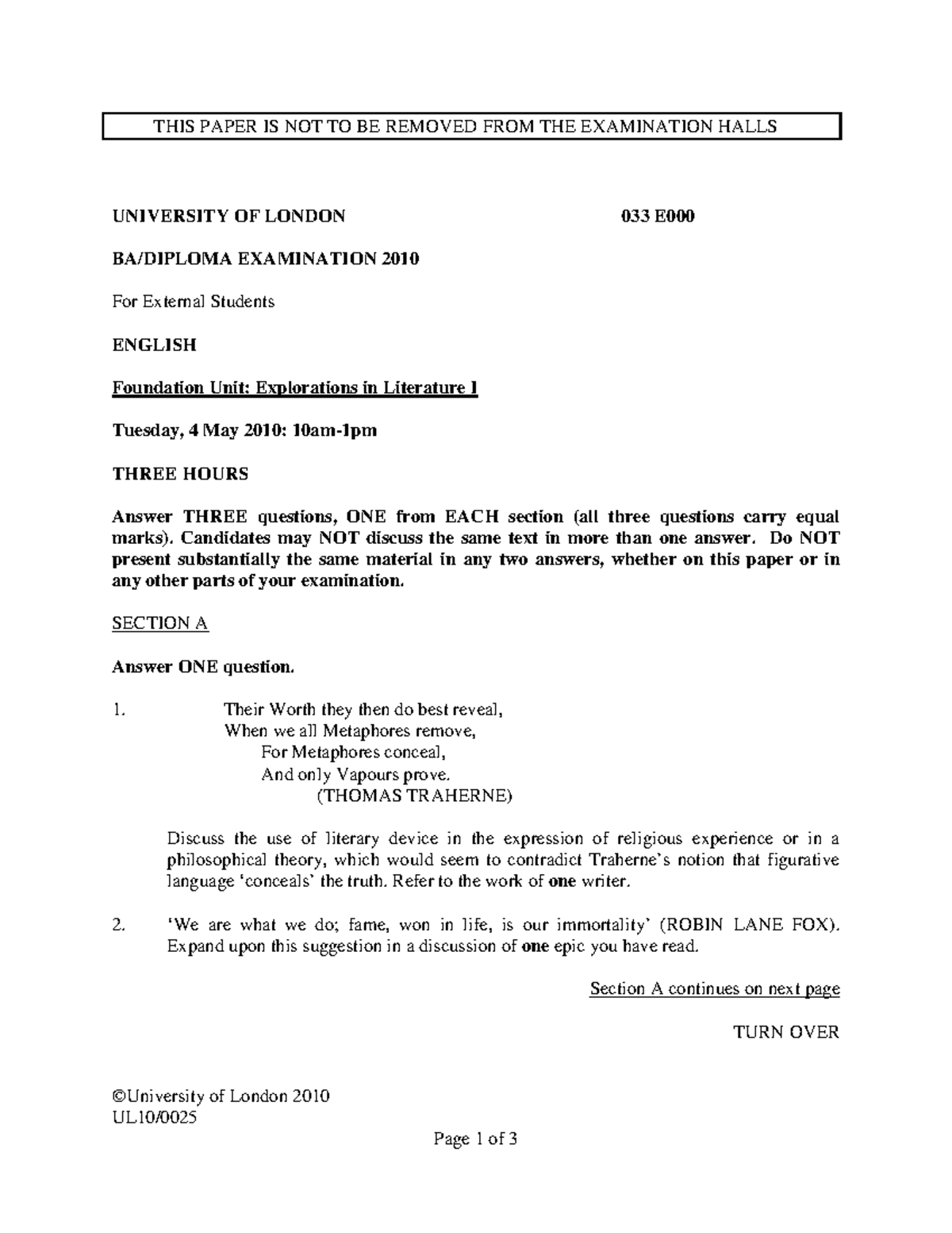 Exam 2010, questions - THIS PAPER IS NOT TO BE REMOVED FROM THE ...