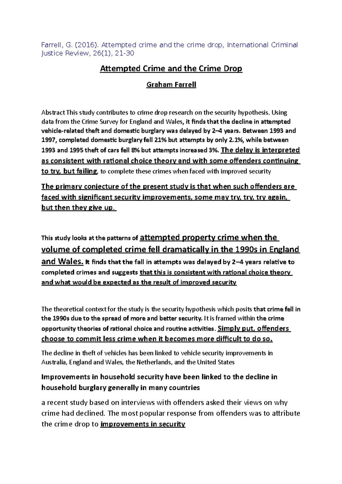 BRD 210 Reading Summary 4 - Farrell, G. (2016). Attempted crime and the ...