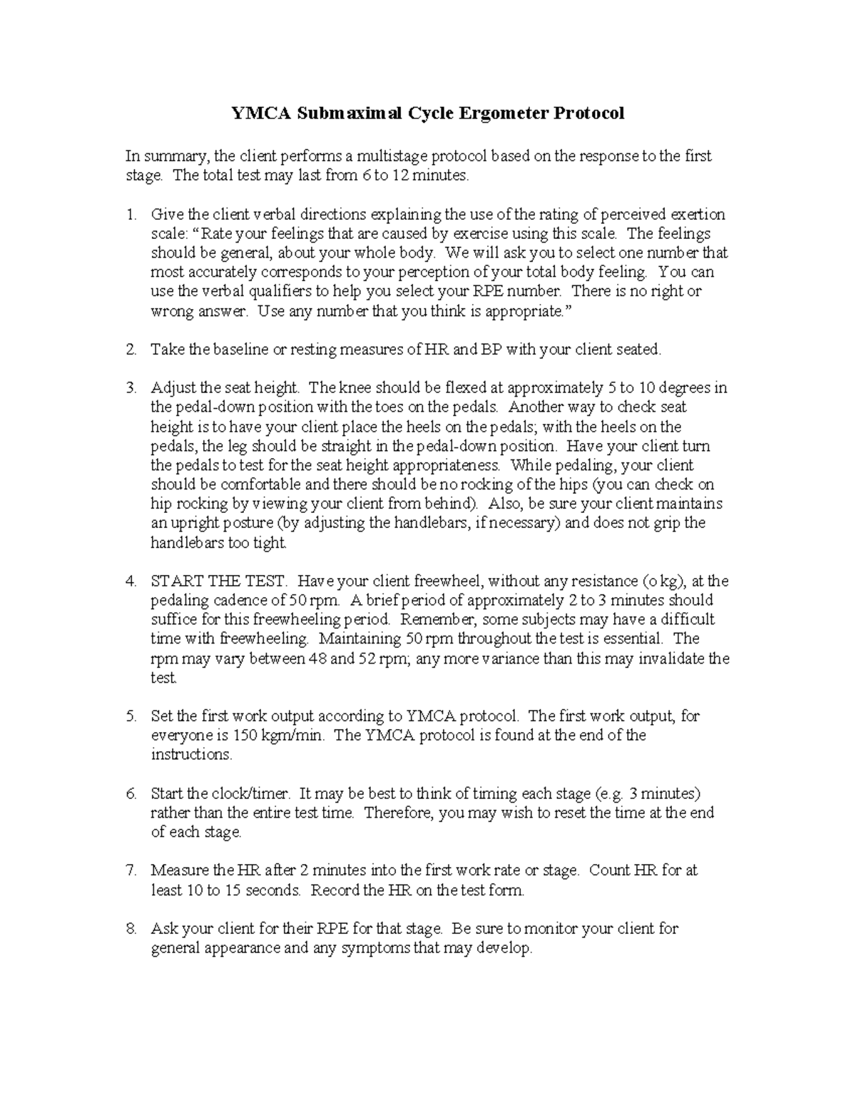 YMCA Submaximal Cycle Ergometer Protocol without BP - YMCA Submaximal ...