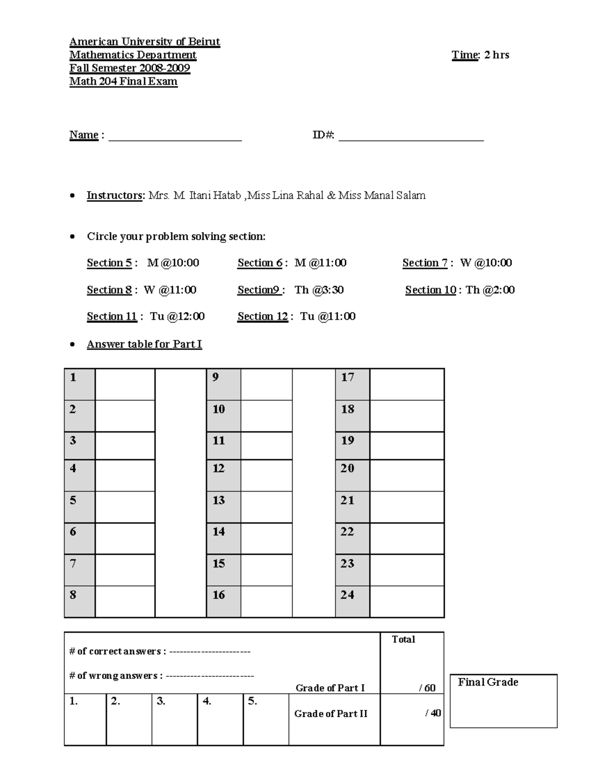 Final 204 Math 204 Probs Integrals Matrixes American University Of