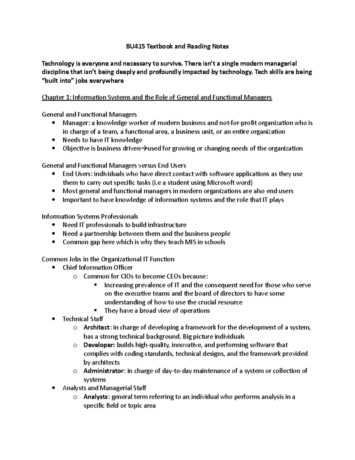 BU415 ALL Textbook Notes - BU415 Textbook and Reading Notes Technology ...