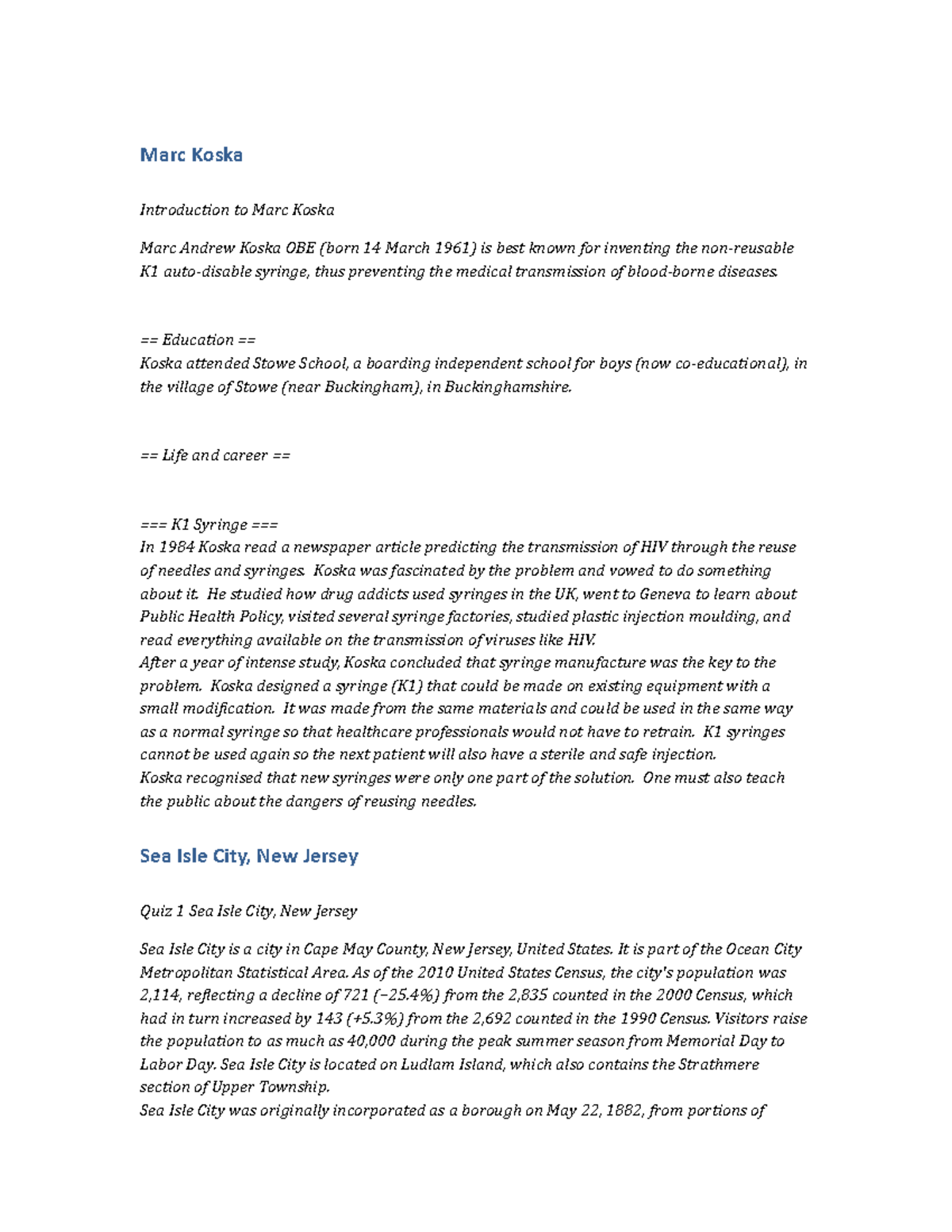 HIST123 Lecture-Note Marc Koska - Marc Koska Introduction to Marc Koska ...