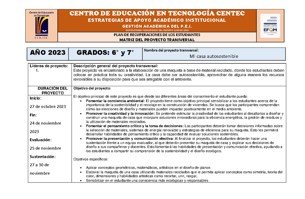 Matriz DEL Proyecto Transversal 6° Y 7° - CENTRO DE EDUCACIÓN EN ...