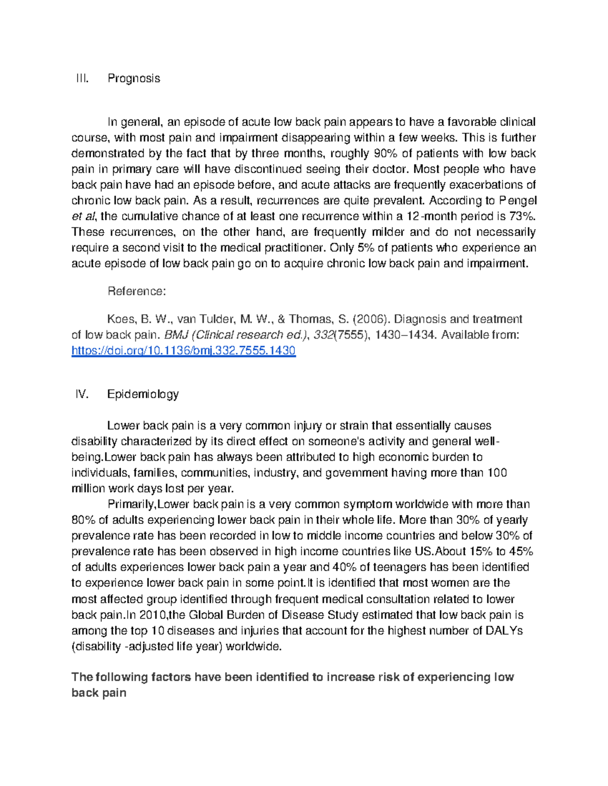 Lower Back Pain Notes-6-10 - III. Prognosis In general, an episode of ...