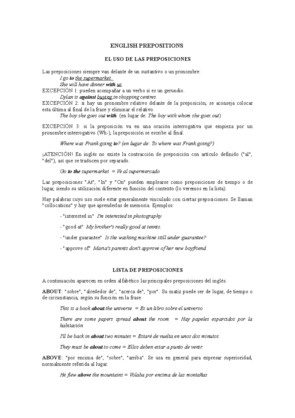 Explicacion de las preposiciones - ENGLISH PREPOSITIONS EL USO DE LAS ...