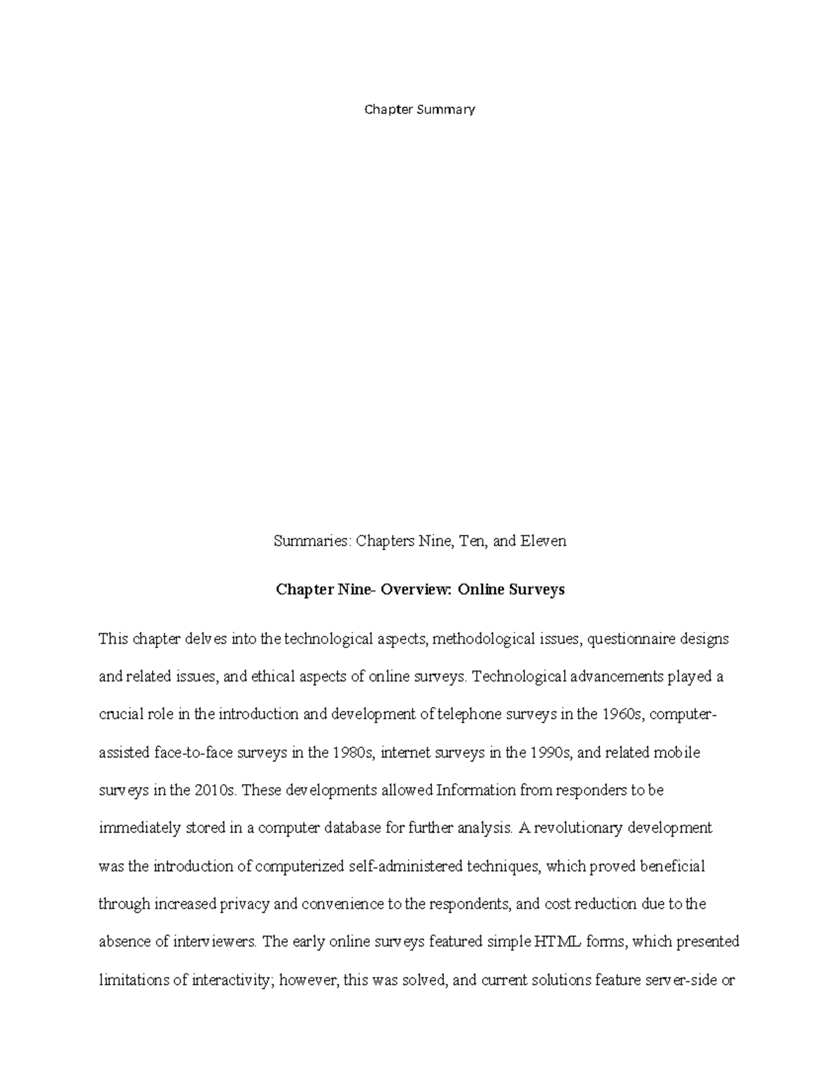 Chapters 9-10-11 - Chapter Summary Summaries: Chapters Nine, Ten, and ...