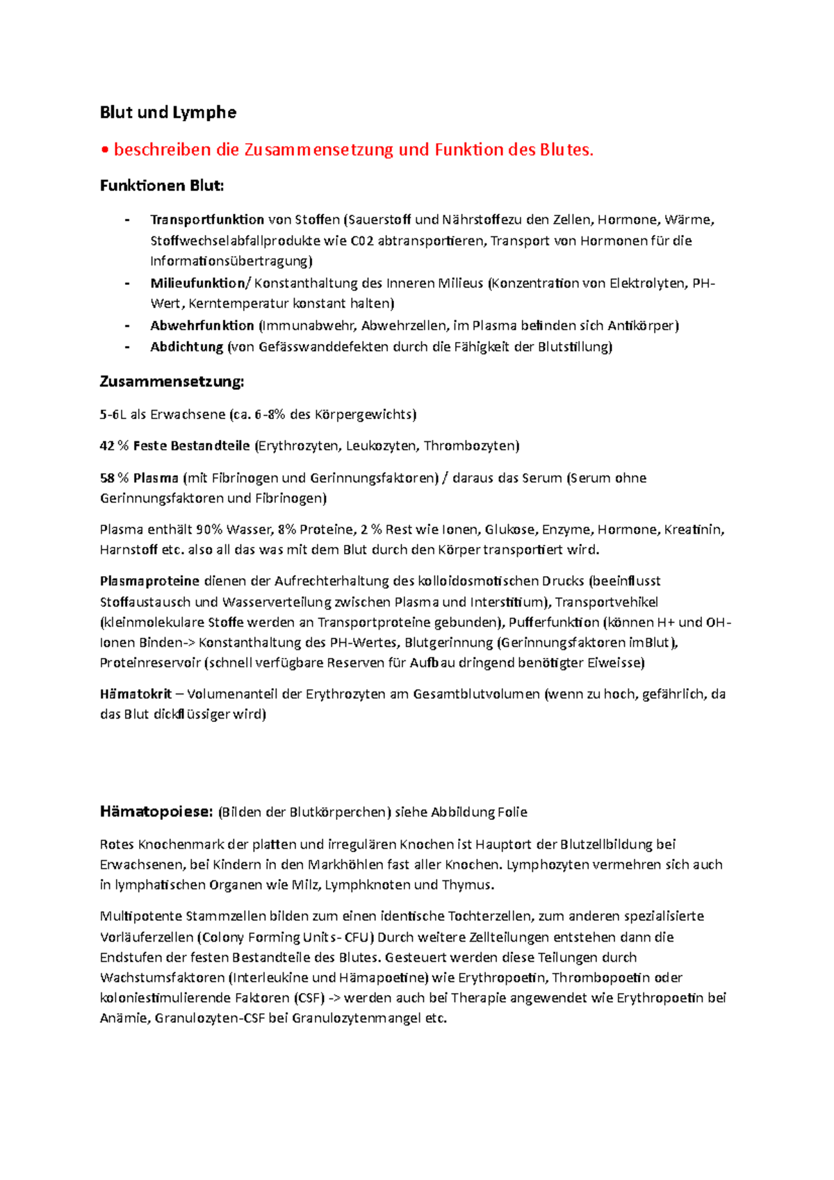 Physiologie 3Blut Lymphe Notizen - Blut und Lymphe • beschreiben die ...