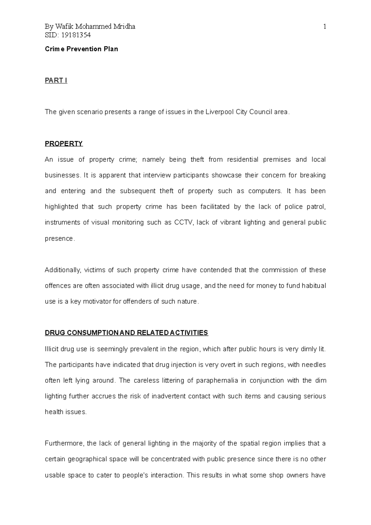 Crime Prevention Plan Final - SID: 19181354 Crime Prevention Plan PART ...