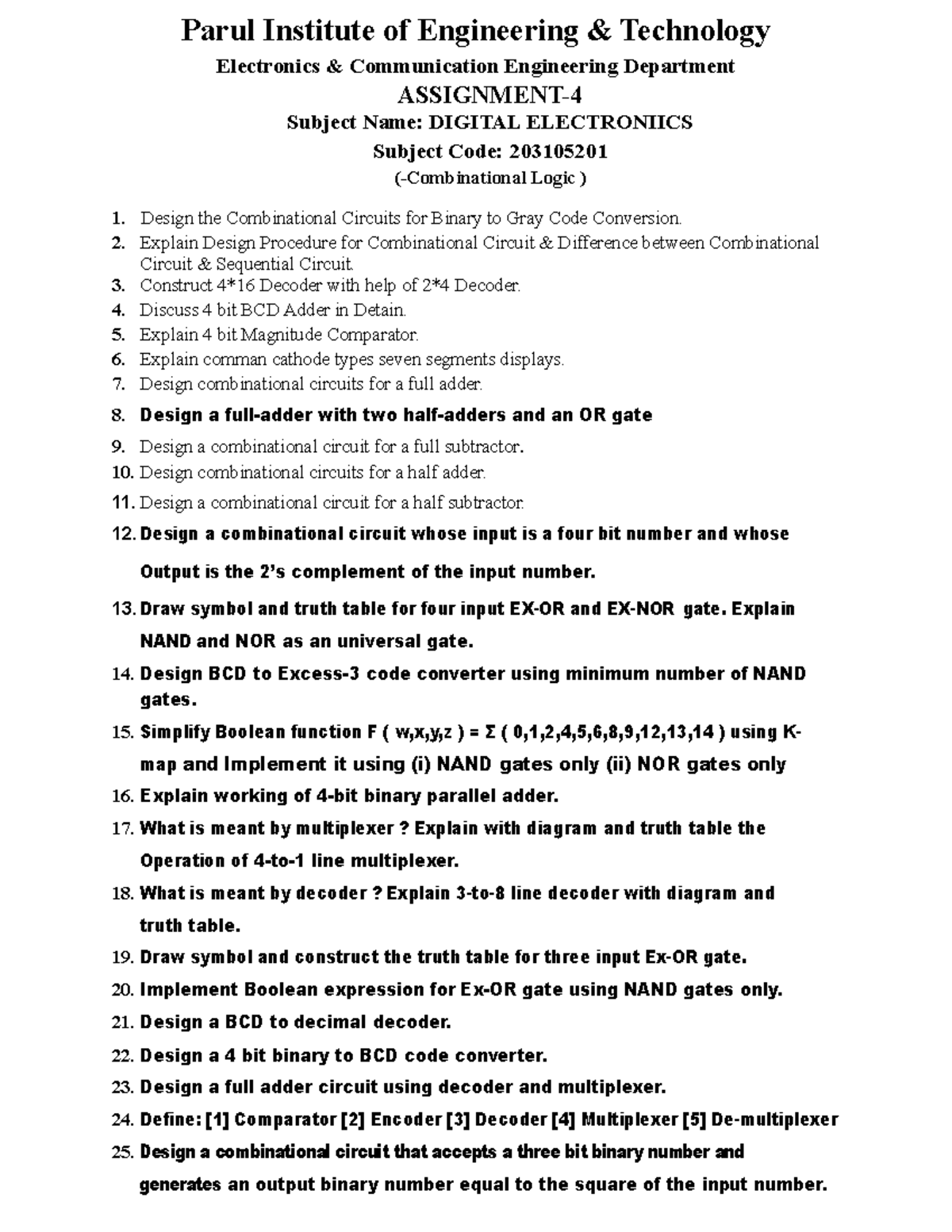 DE Assignment 4 - Combinational Logic - ASSIGNMENT- Subject Name: DIGITAL ELECTRONIICS Subject ...