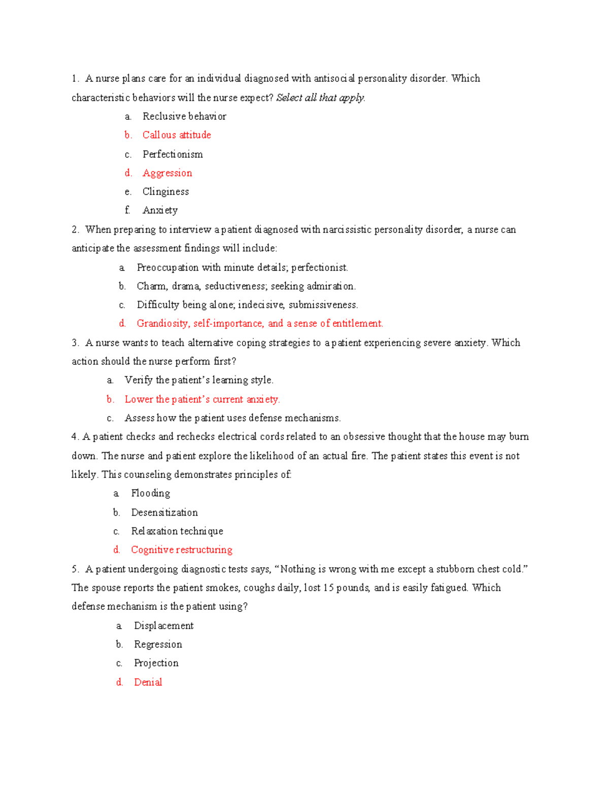 Psych 10 questions - A nurse plans care for an individual diagnosed ...