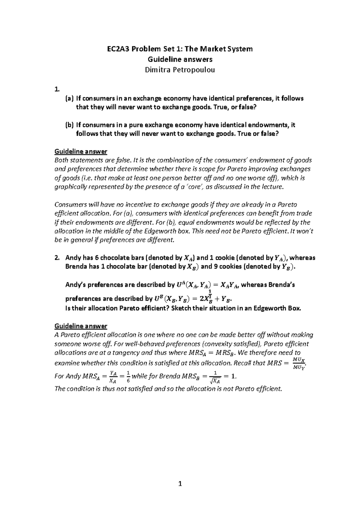 Problem Set 1 - Guideline answers - EC2A3 Problem Set 1: The Market System Guideline answers ...