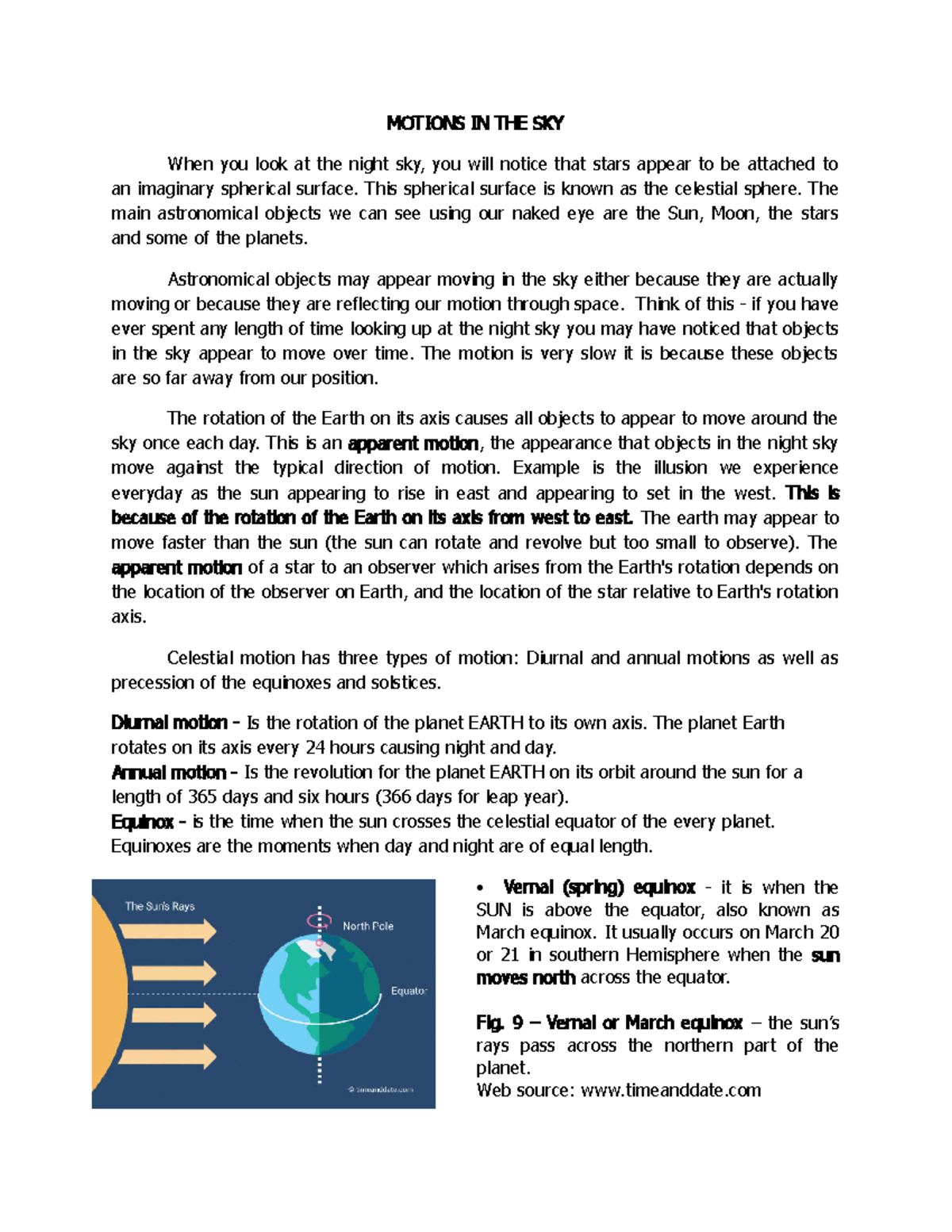 MOTIONS IN THE SKY - MOTIONS IN THE SKY When you look at the night sky ...