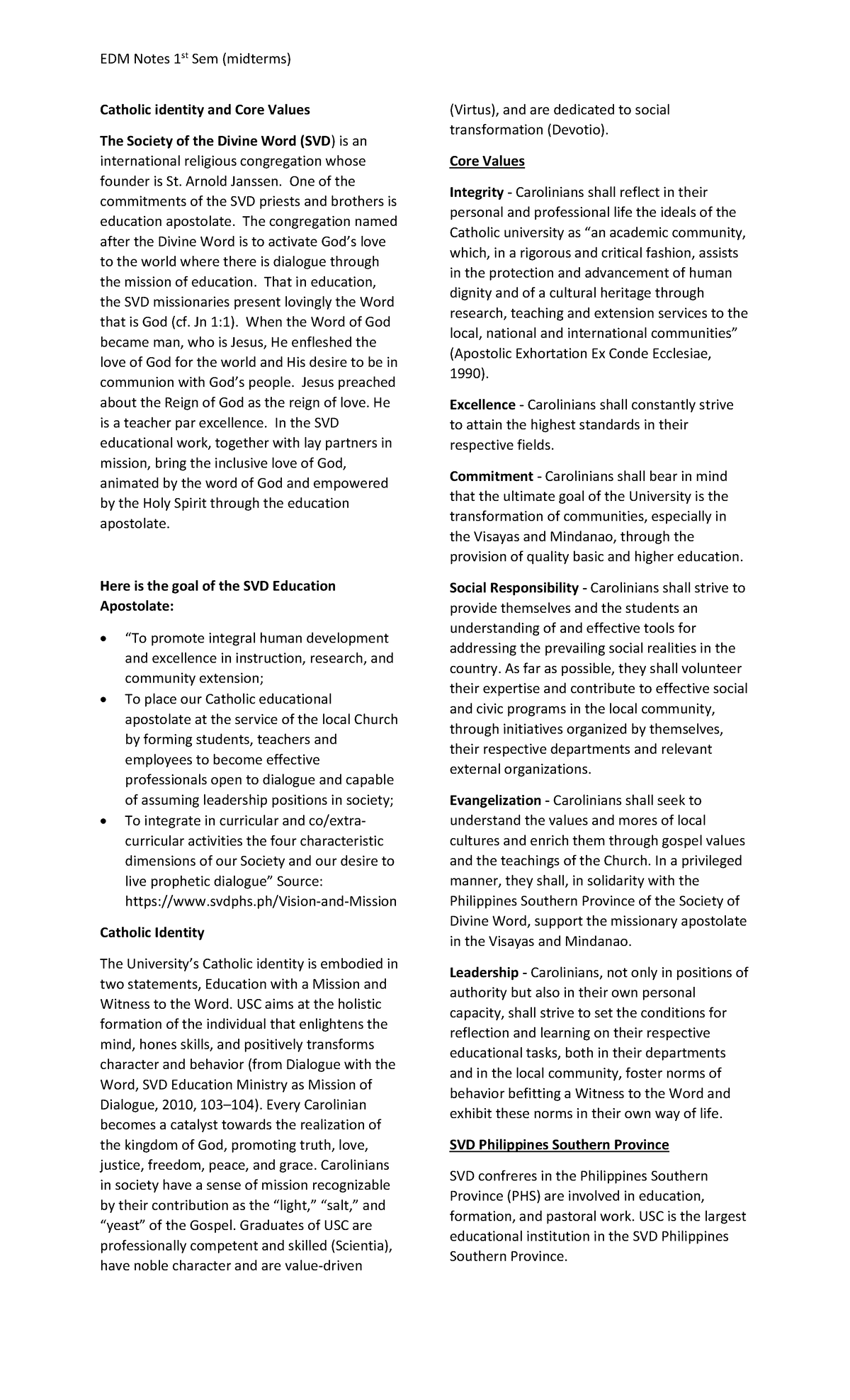 EDM Notes - Catholic identity and Core Values The Society of the Divine ...